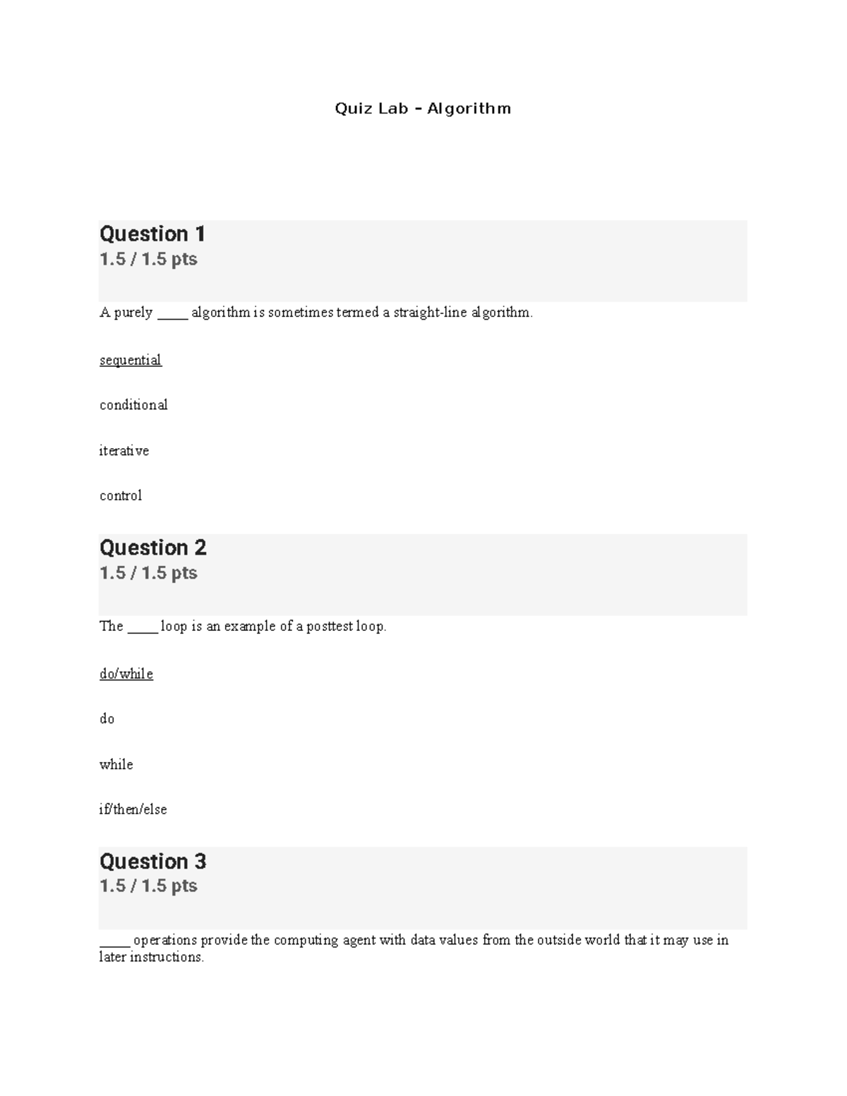 Quiz Lab – Algorithms Assessment Questions - Studocu
