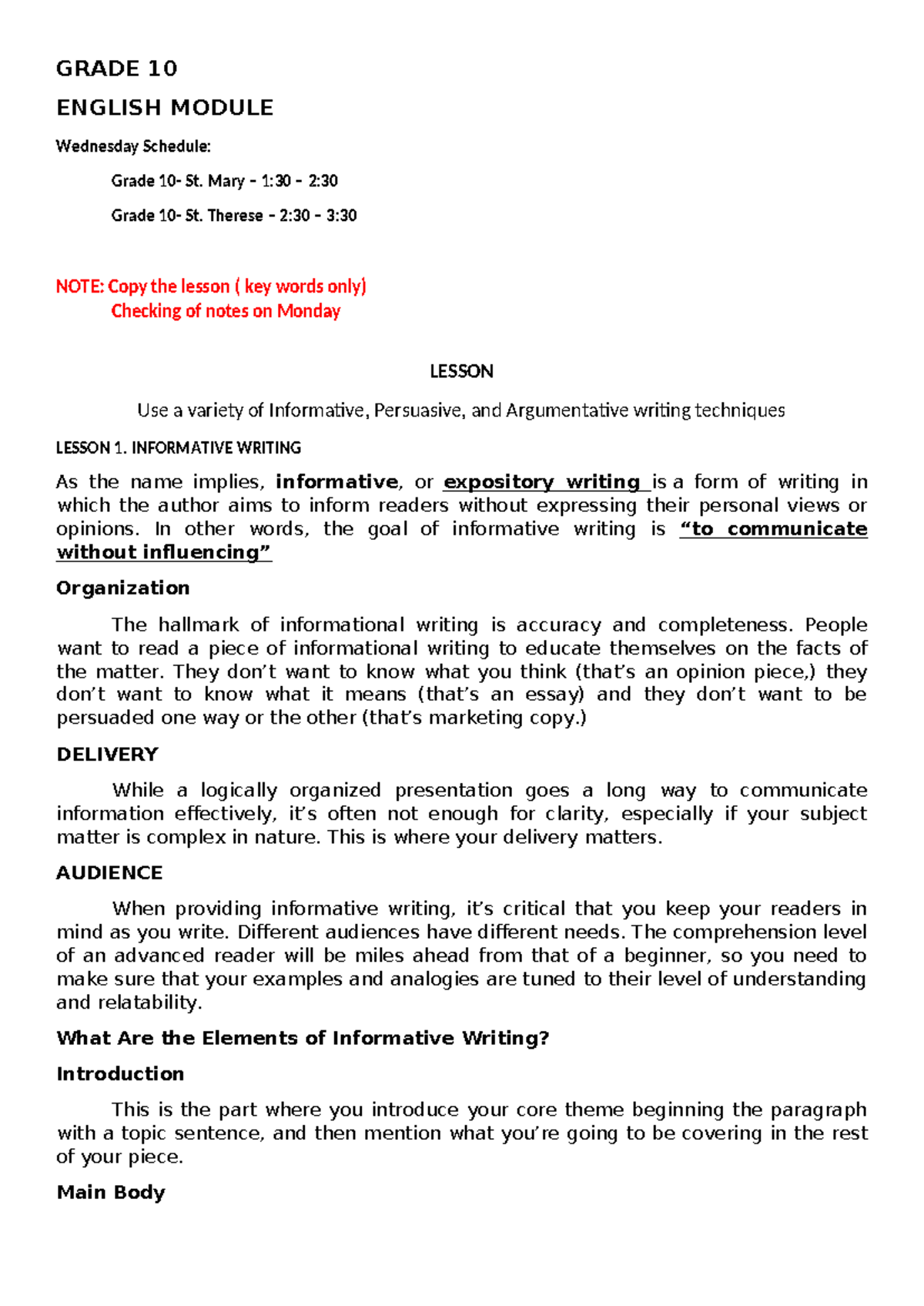GRADE 10 ENGLISH MODULE: Informative Writing Techniques - Studocu
