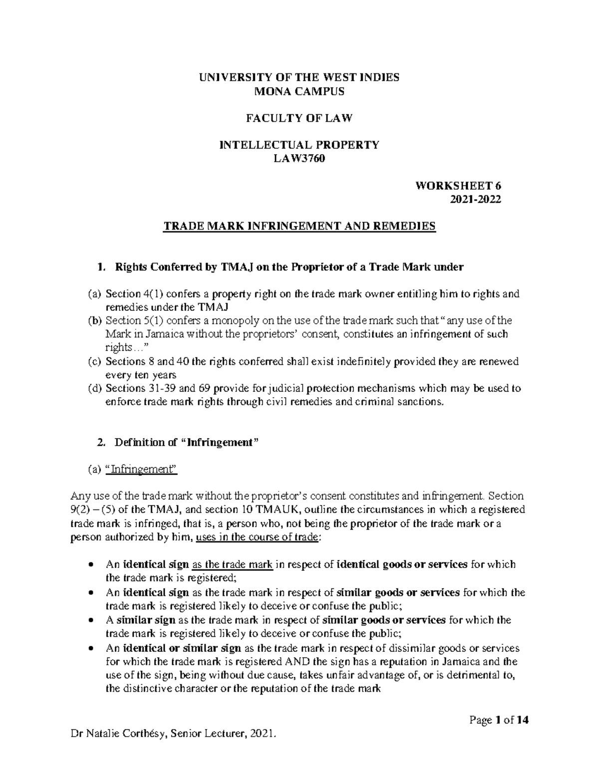 Intellectual Property Law Worksheet 6 TMAJ: Trade Mark Infringement ...