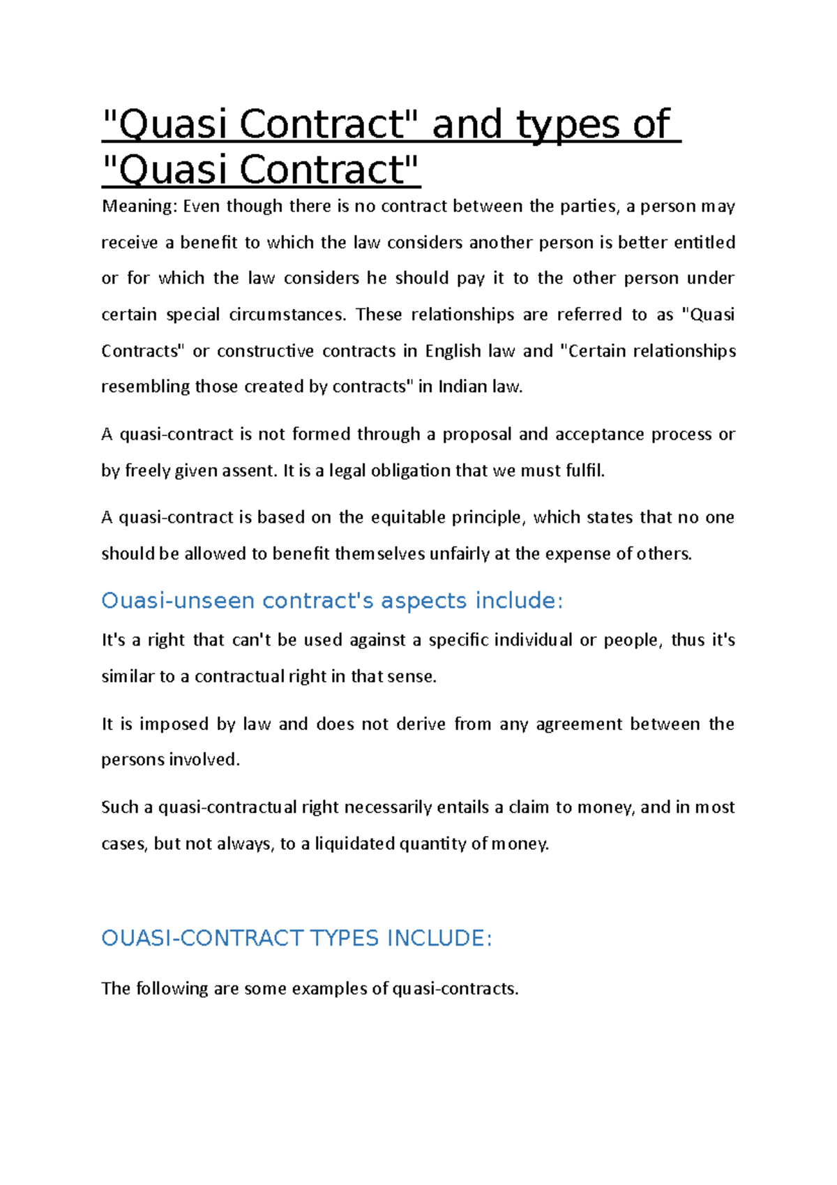 Quasi Contract - Lecture Notes 4: Understanding Types & Legal Aspects ...