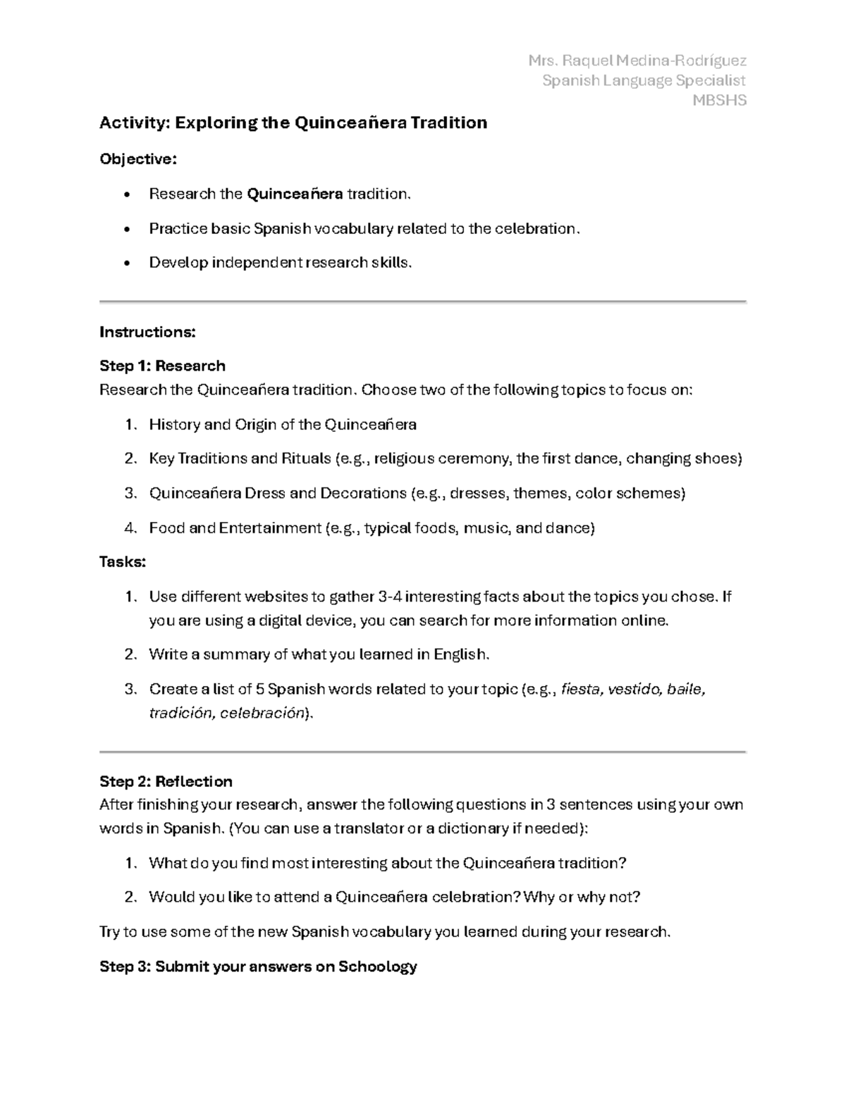 MBSHS Activity: Researching the Quinceañera Tradition and Vocabulary ...