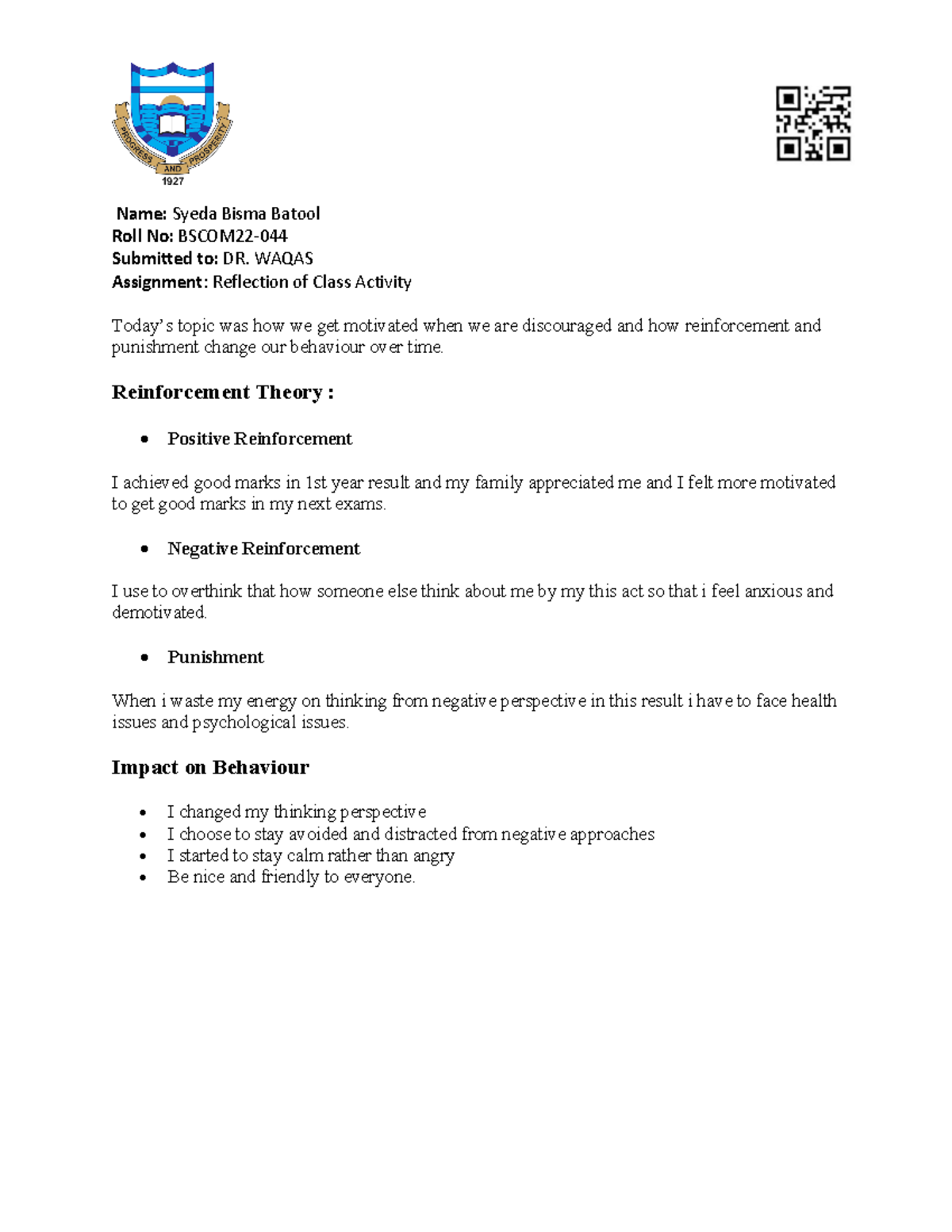 Reflection on Motivation & Behavior Change - Assignment 044 - Studocu