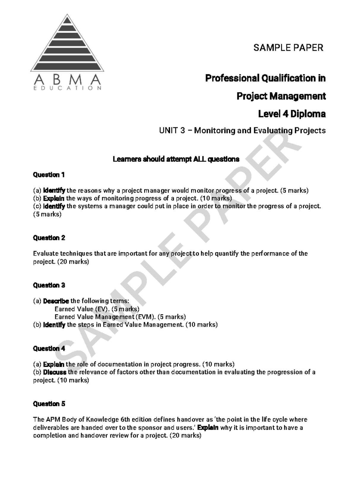 PM Level 4 Unit 3 Sample Paper: Monitoring & Evaluating Projects - Studocu