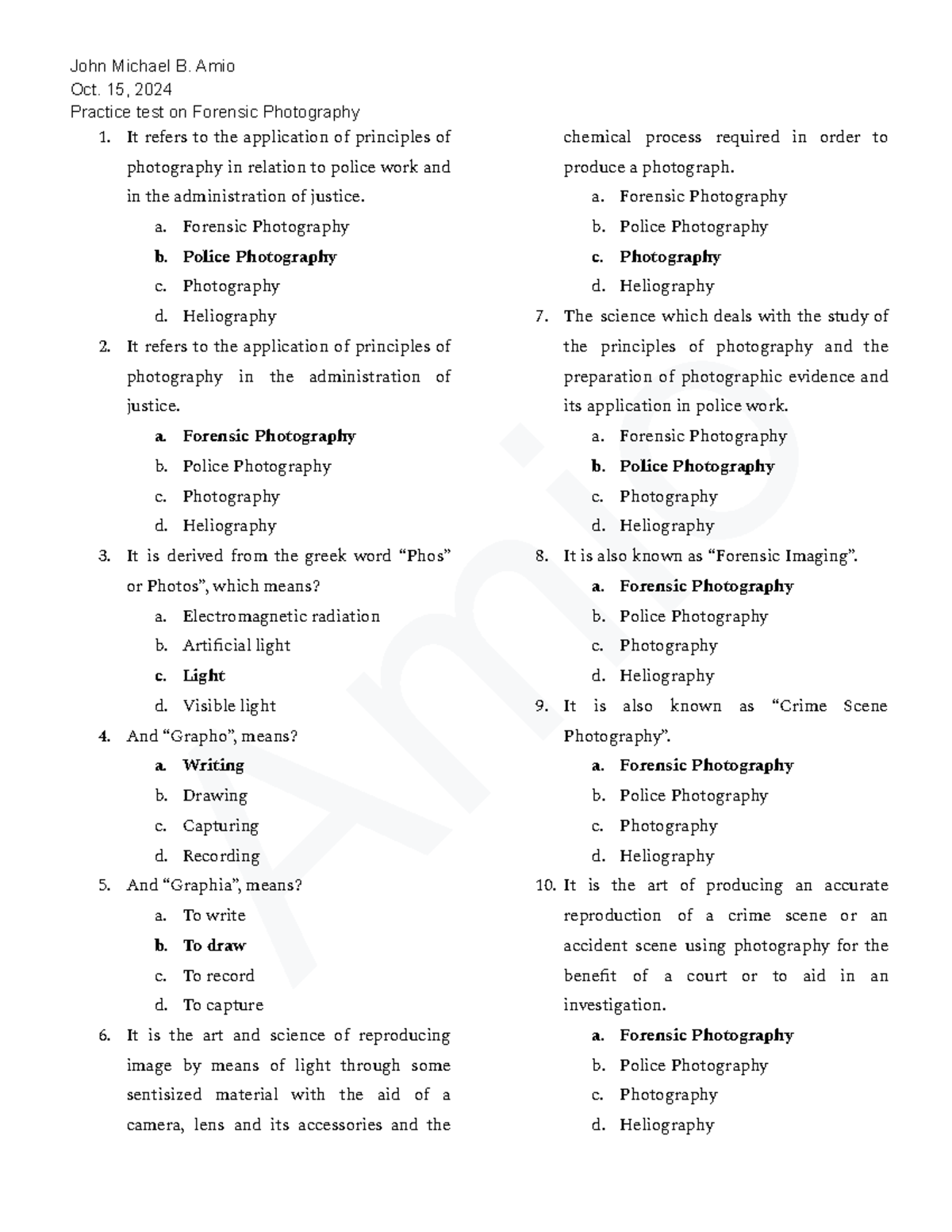 Forensic Photography w answer key (shared) - Amio John Michael B. Amio ...