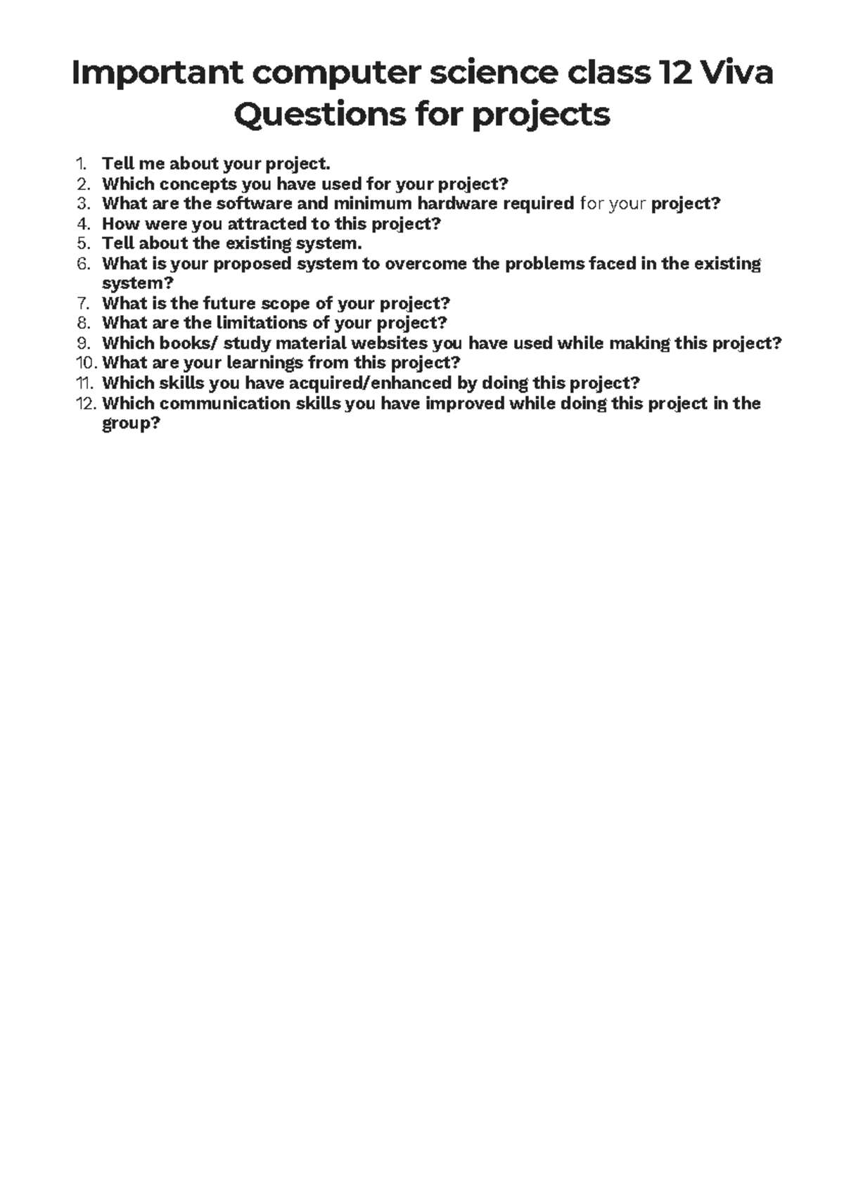 XII CS - Important Viva Voce Questions for Projects and Python Concepts - Studocu