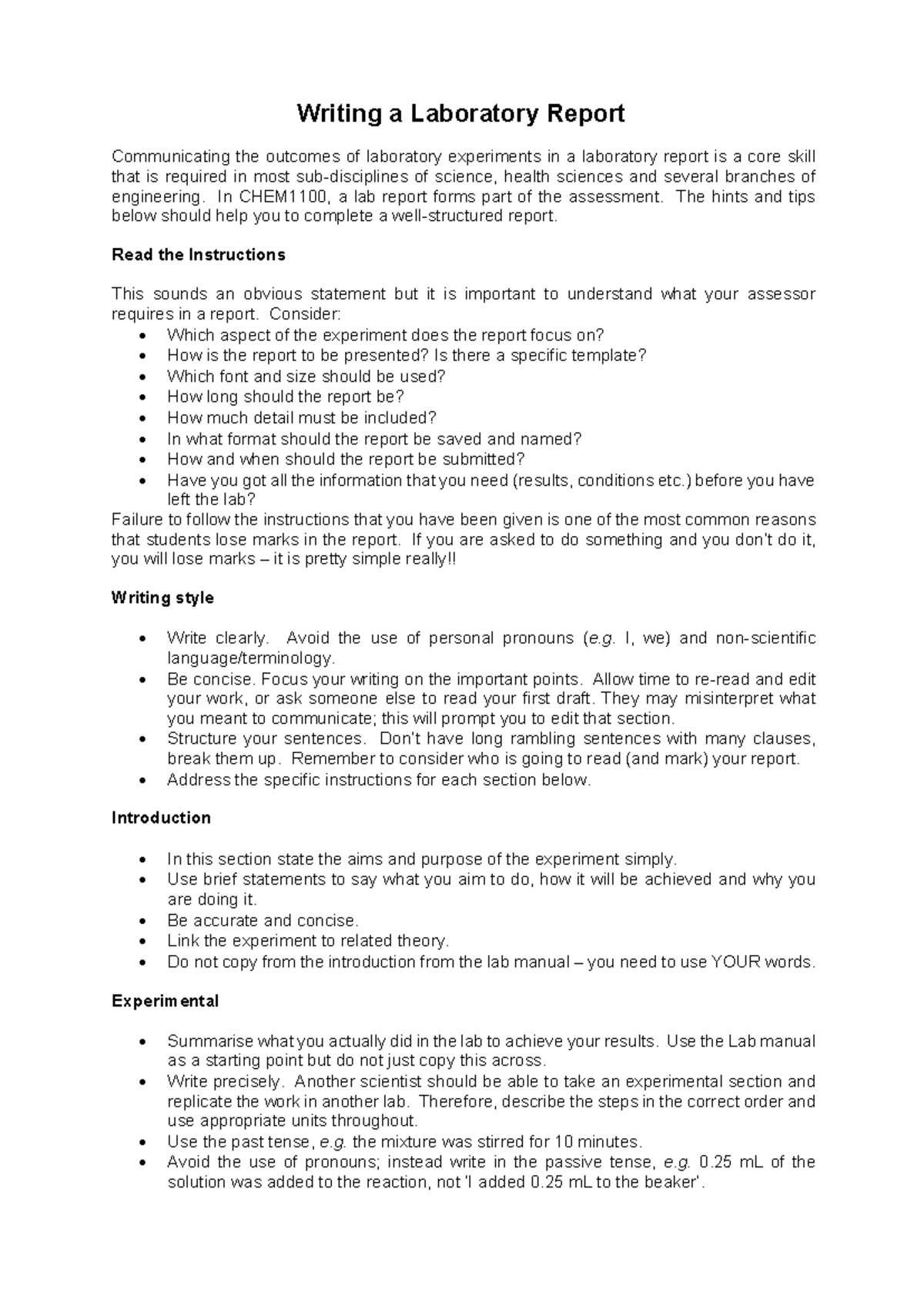 CHEM1100 Lab Report Guide: Tips for Success in Writing - Studocu