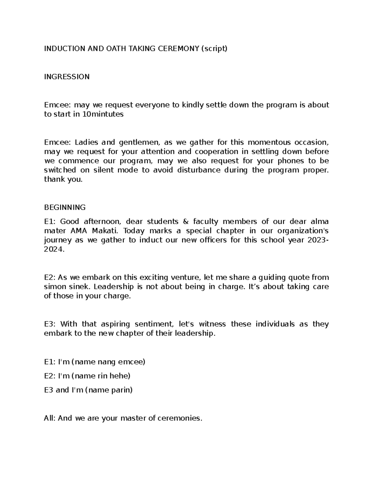 Induction and Oath Taking Ceremony Script - AMA 2023-2024 - Studocu