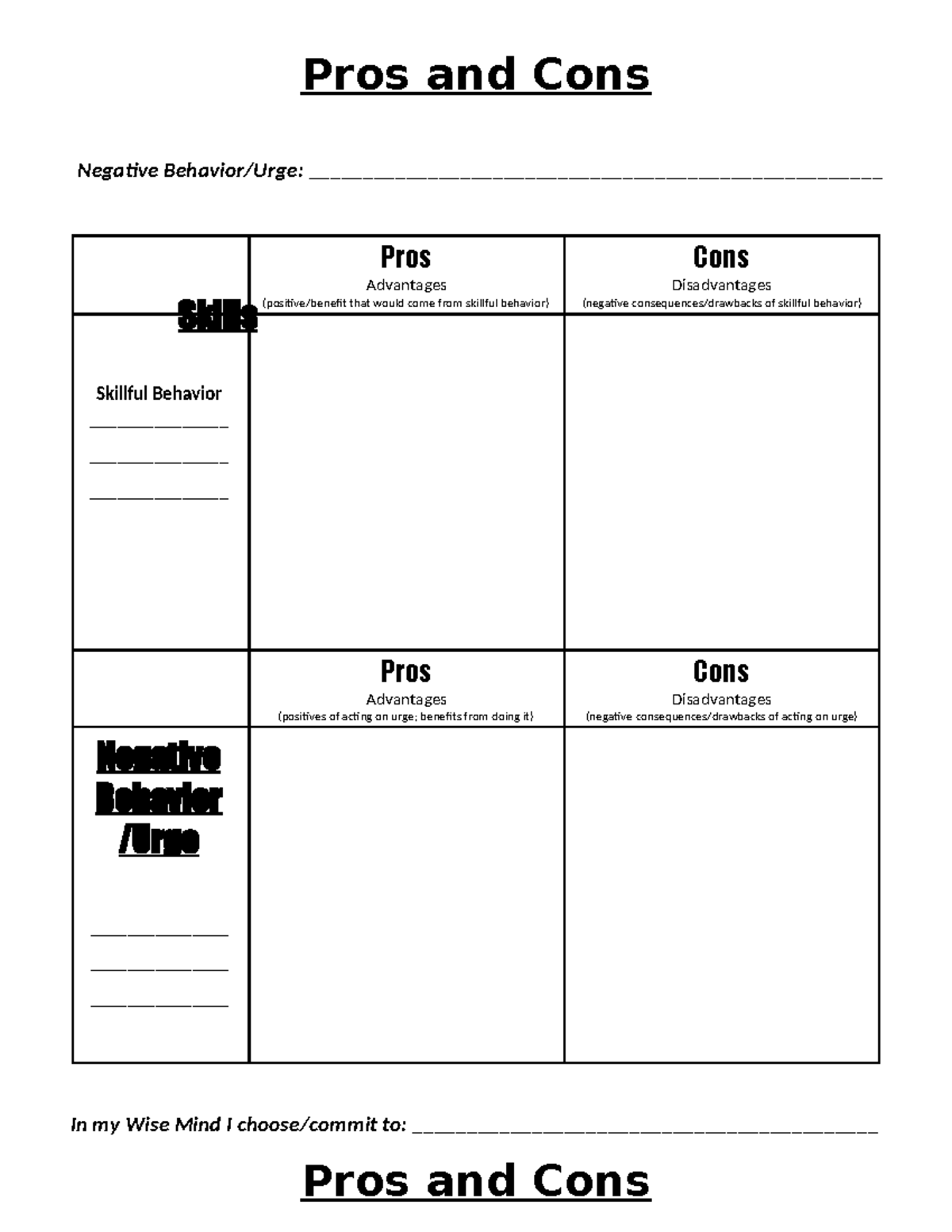 Pros and Cons - Urges Skills WS ONLY - Pros and Cons Negative Behavior ...