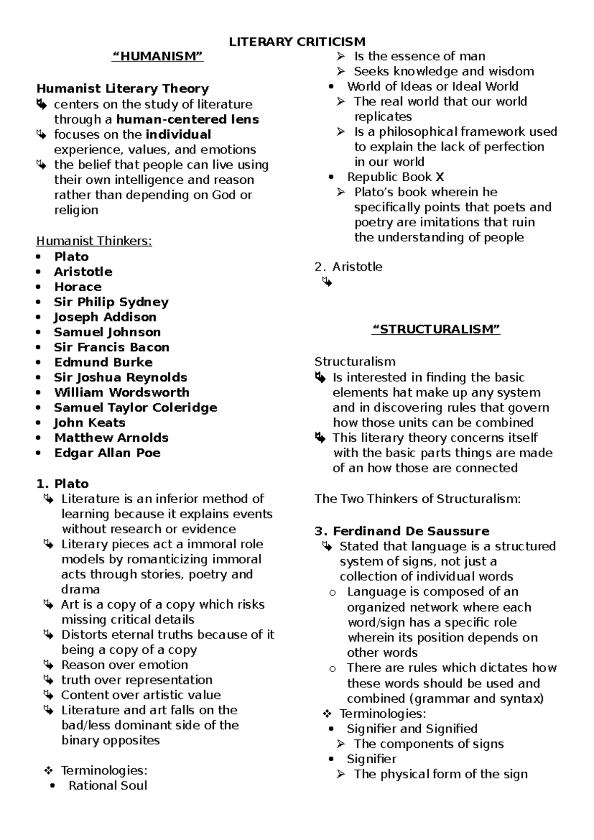 LITERARY CRITICISM (ENG 101) Final Exam Study Guide on Humanist Theory ...