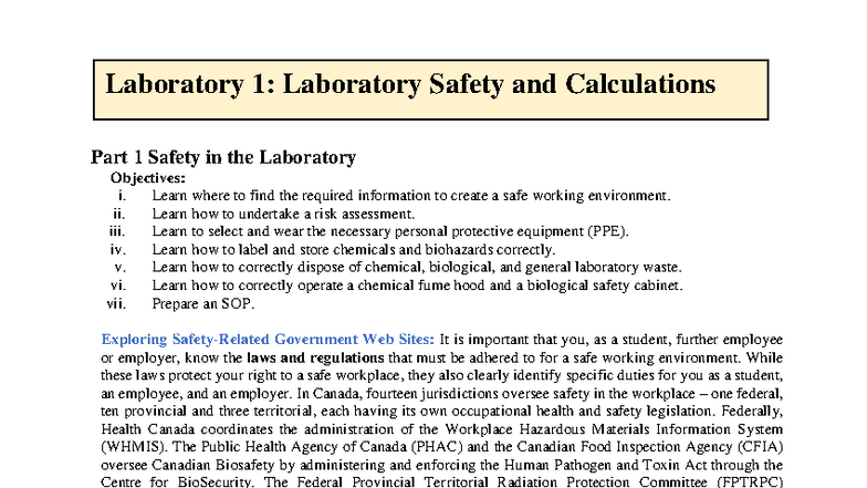 Laboratory 1: Safety Protocols and Calculations for Safe Practices ...