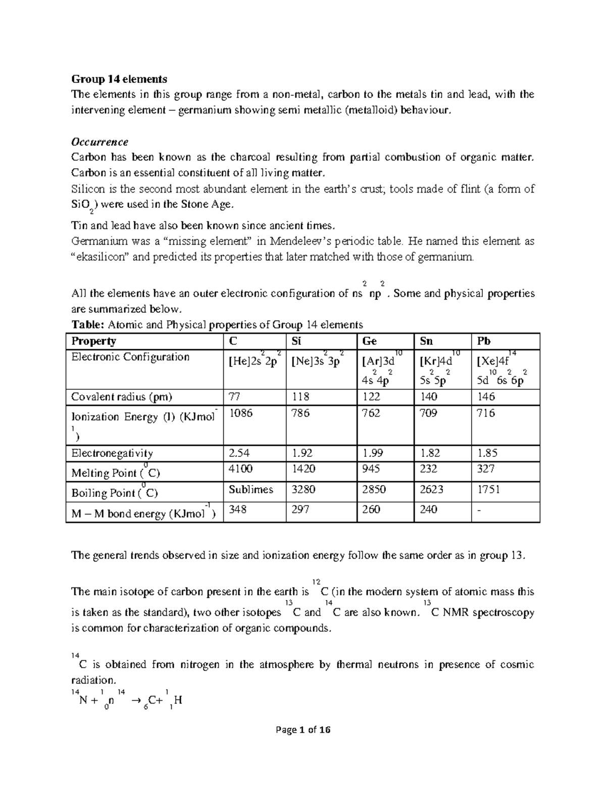 Group 14 Elements: Comprehensive Study Notes - Studocu