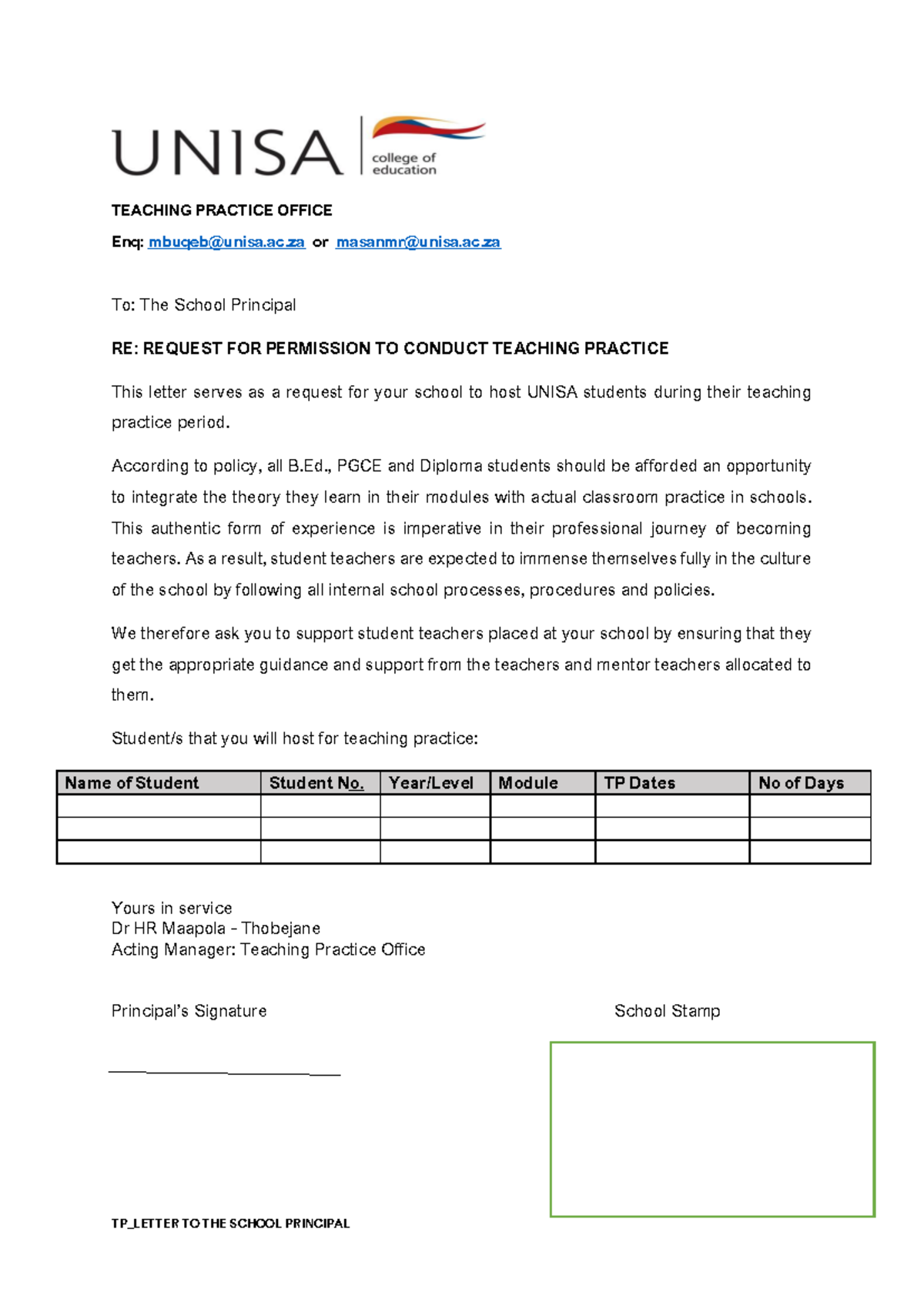TP Letter: Request for Teaching Practice Permission to Principal - Studocu