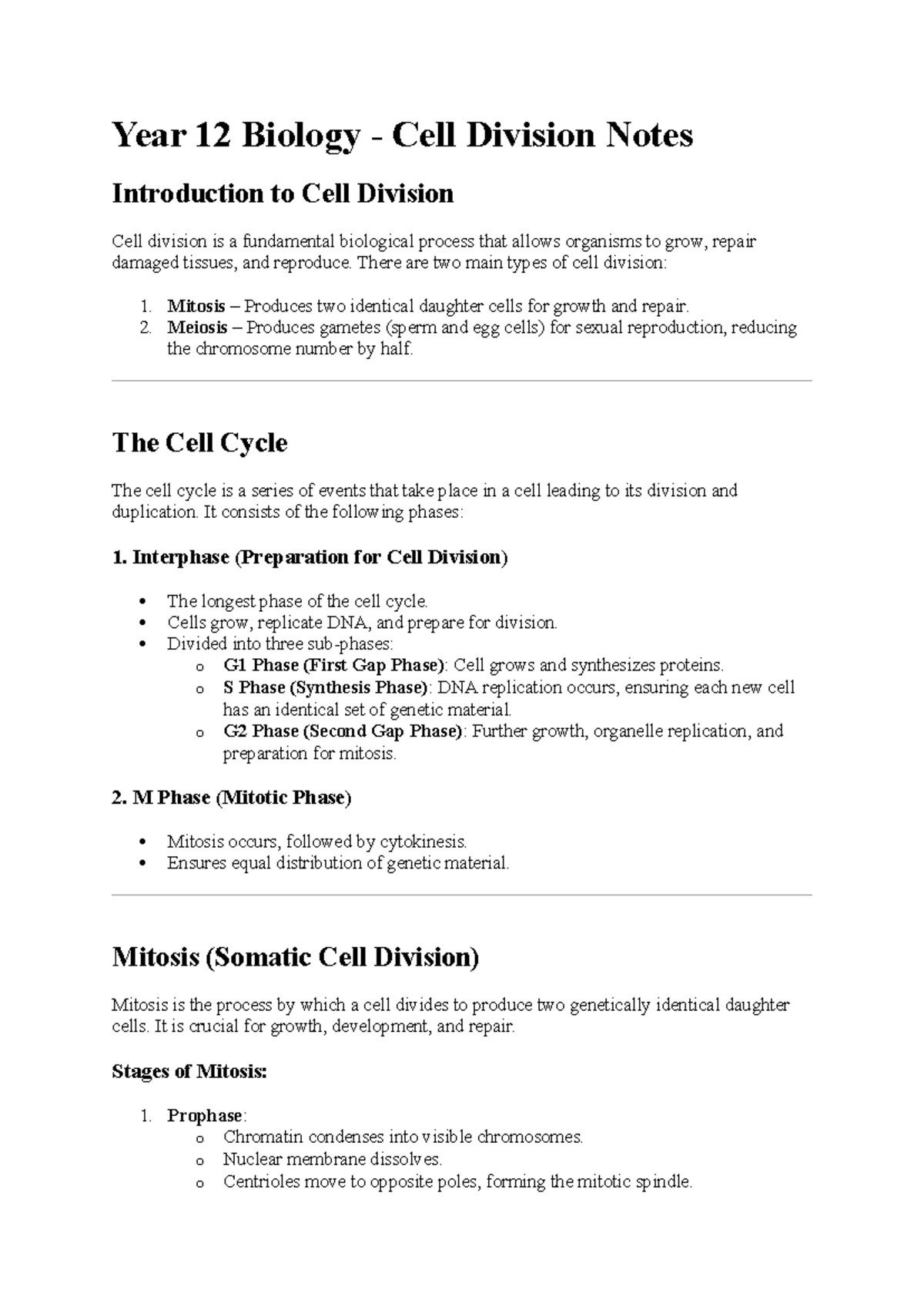 Year 12 Biology cell divisoin notes - Year 12 Biology - Cell Division ...