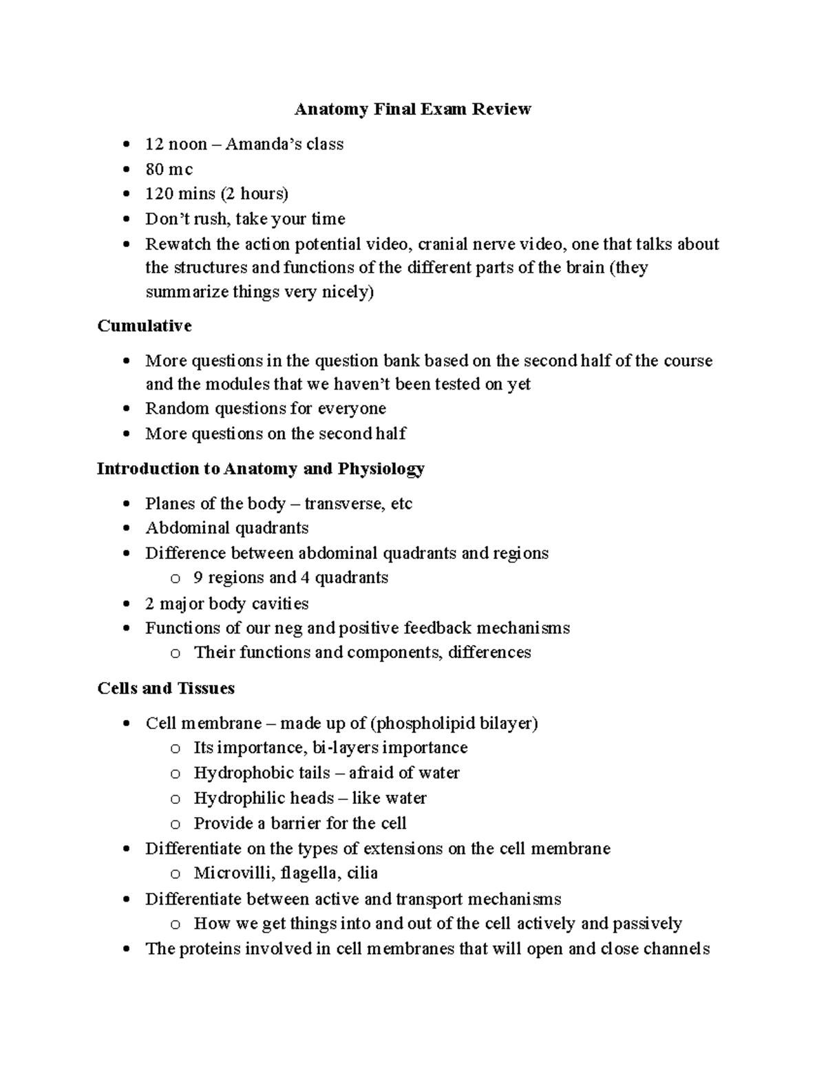 Anatomy & Physiology Final Exam Review (Anatomy 101) - Studocu