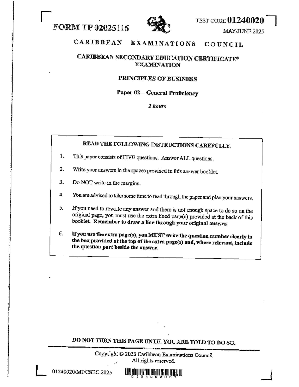 CSEC POB 2025 Paper 02 - Principles of Business Exam Guide - Studocu