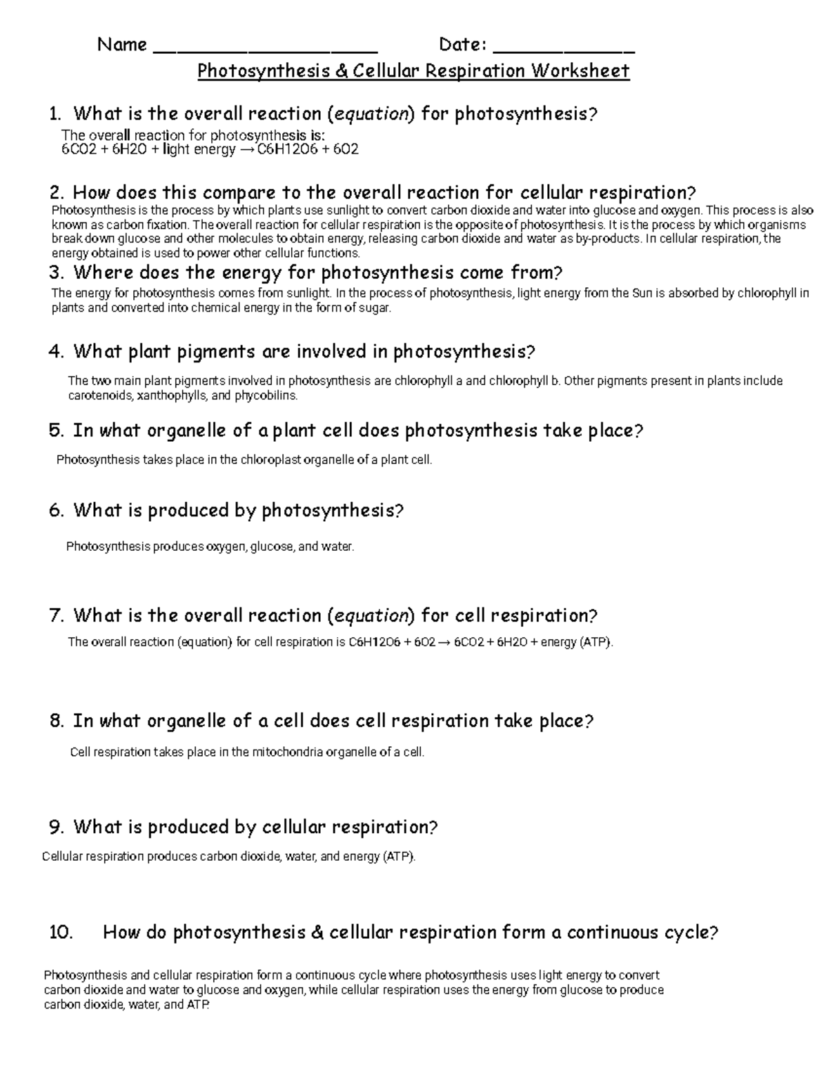Photosynthesis & Cellular Respiration Worksheet - Biology 101 - Studocu