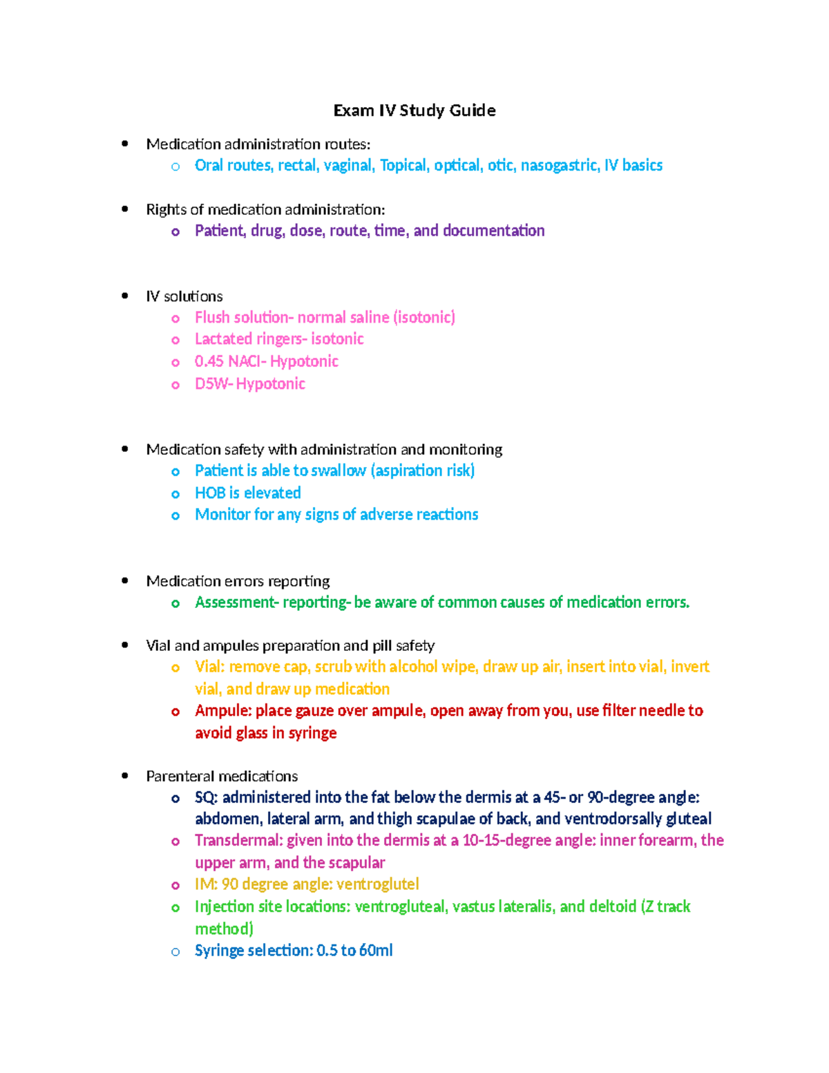 Exam IV Study Guide - Focus on Medication Administration & Care - Studocu