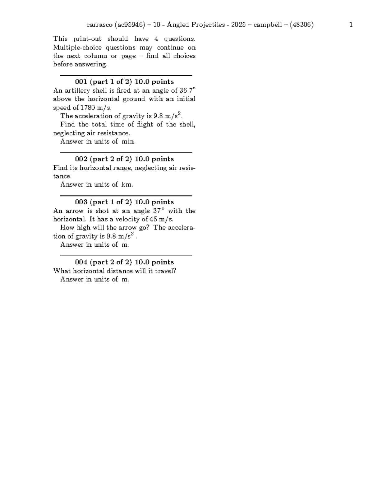 Angled Projectiles Problems - PHYS 2025 Exam Practice Questions - Studocu