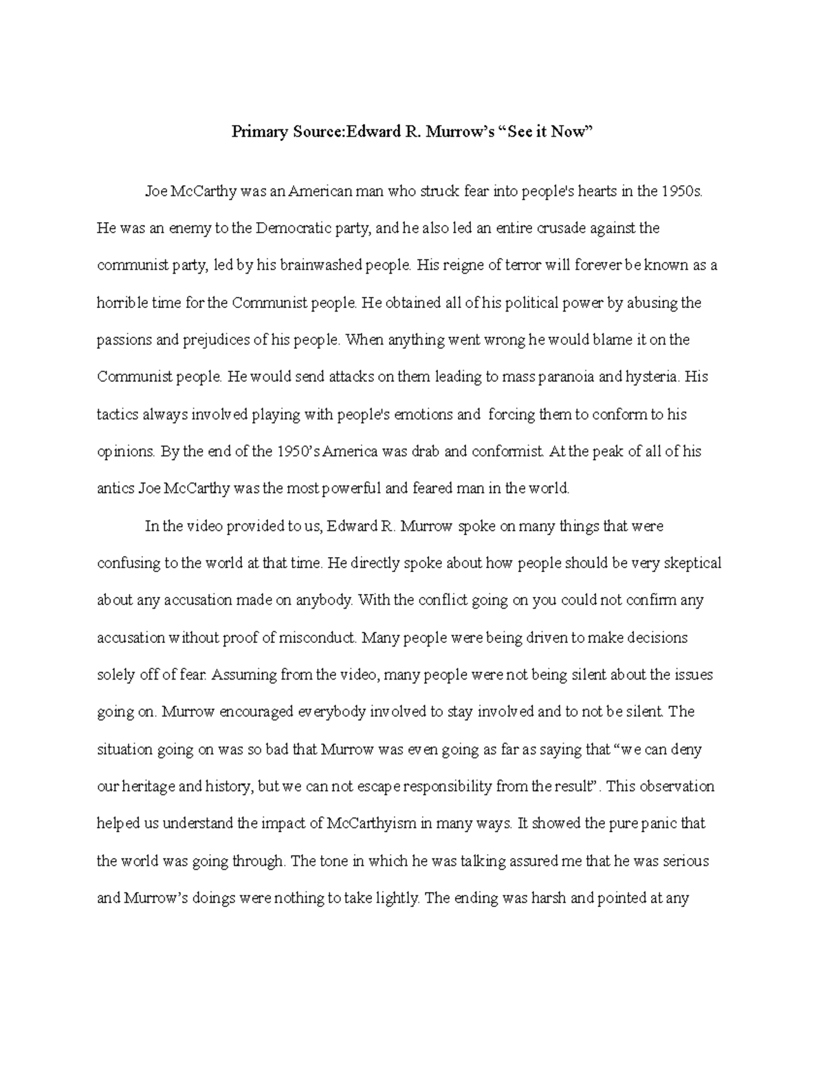 Primary Source-2: McCarthyism and Murrow’s “See it Now” Analysis - Studocu