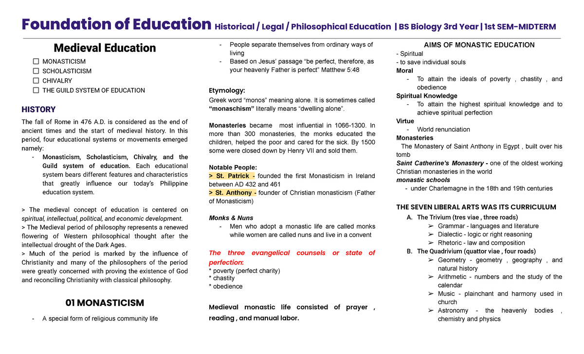 HFED-Midterm Study Notes: Medieval Education Overview - Studocu