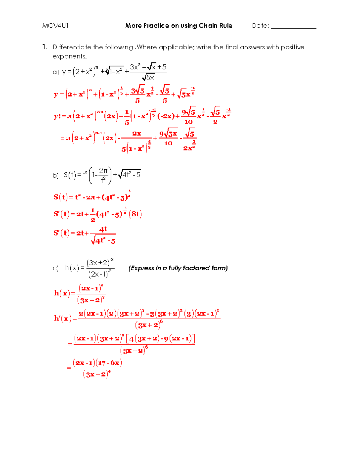 MCV4U1 Final Exam Answer Key: Chain Rule Practice - Studocu