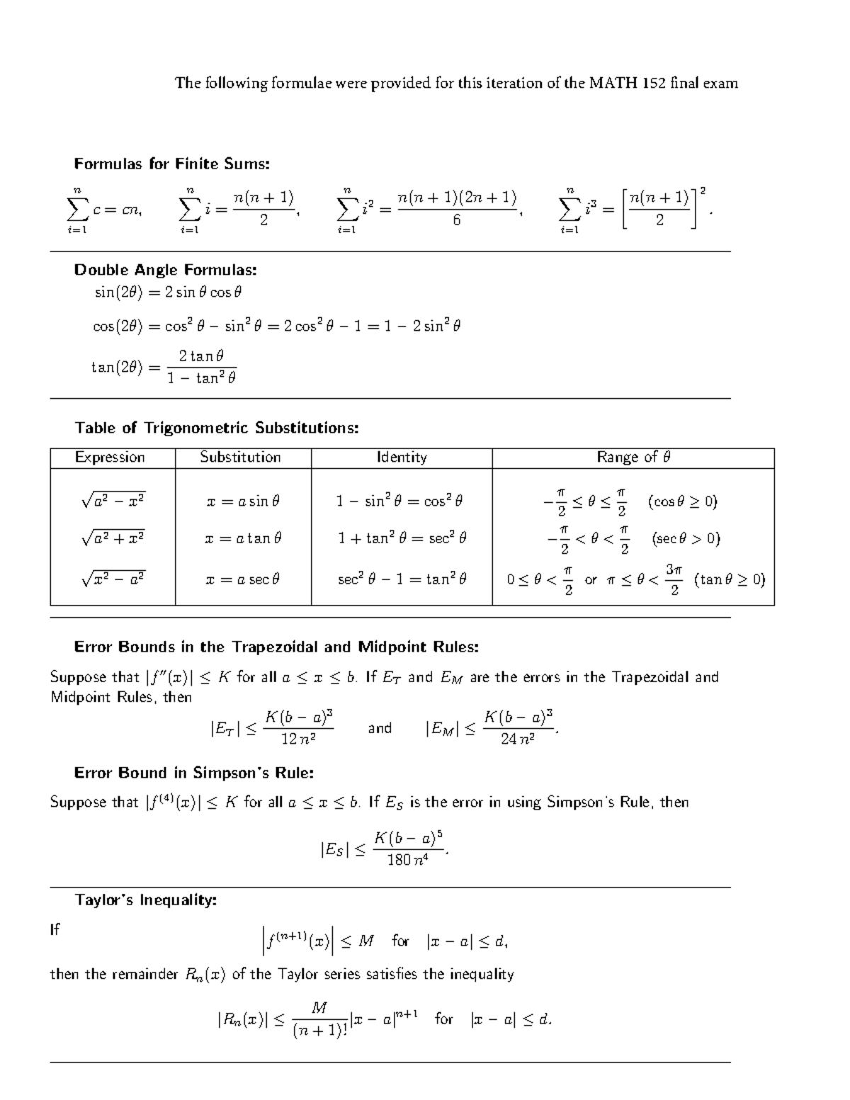 MATH 152 Final Exam Practice Questions and Formulas - Studocu