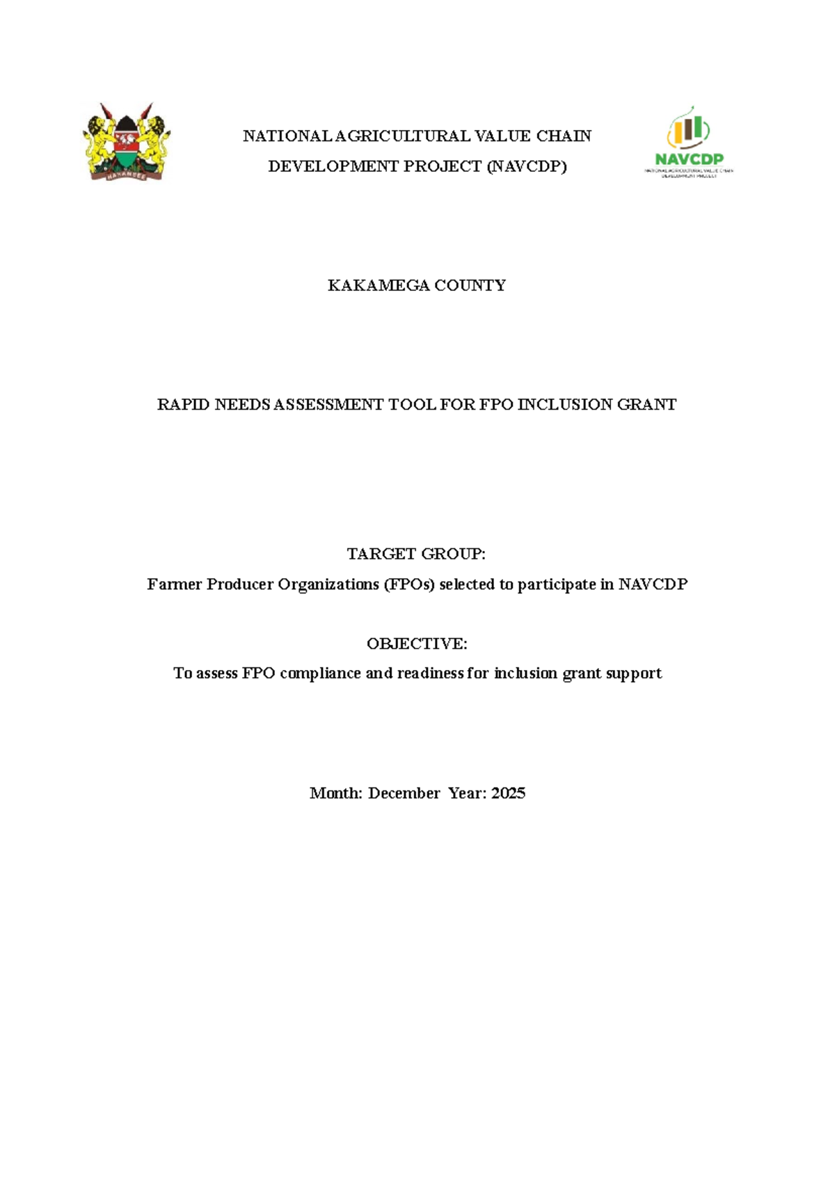 NAVCDP Kakamega County FPO Capacity Building Assessment Plan - Studocu