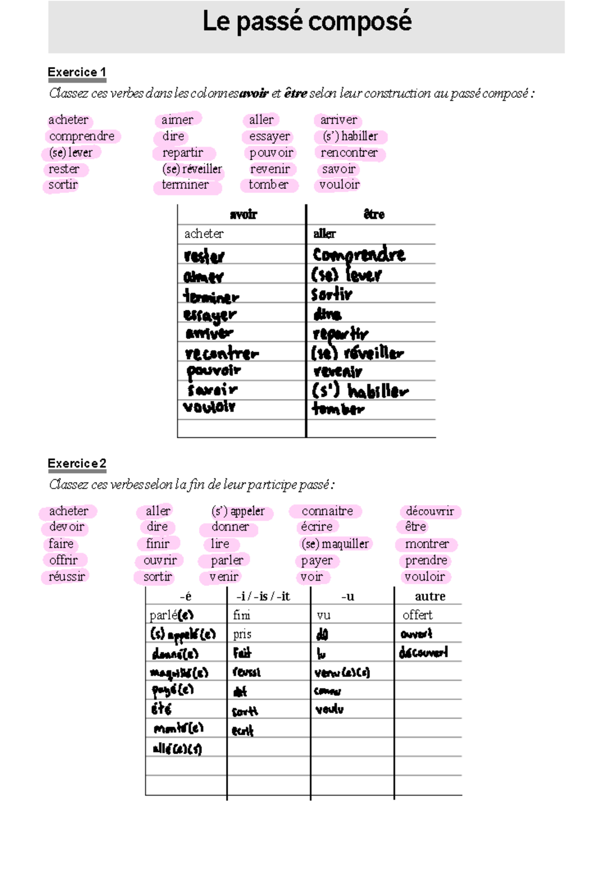 Exercices de Pratique: Passé Composé avec Avoir et Être - Studocu