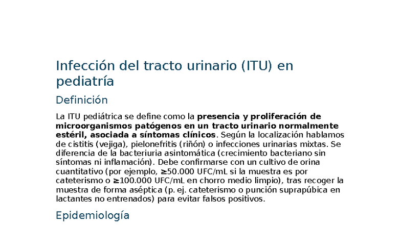 ITU en Pediatría: Definición, Epidemiología y Manejo Clínico - Studocu