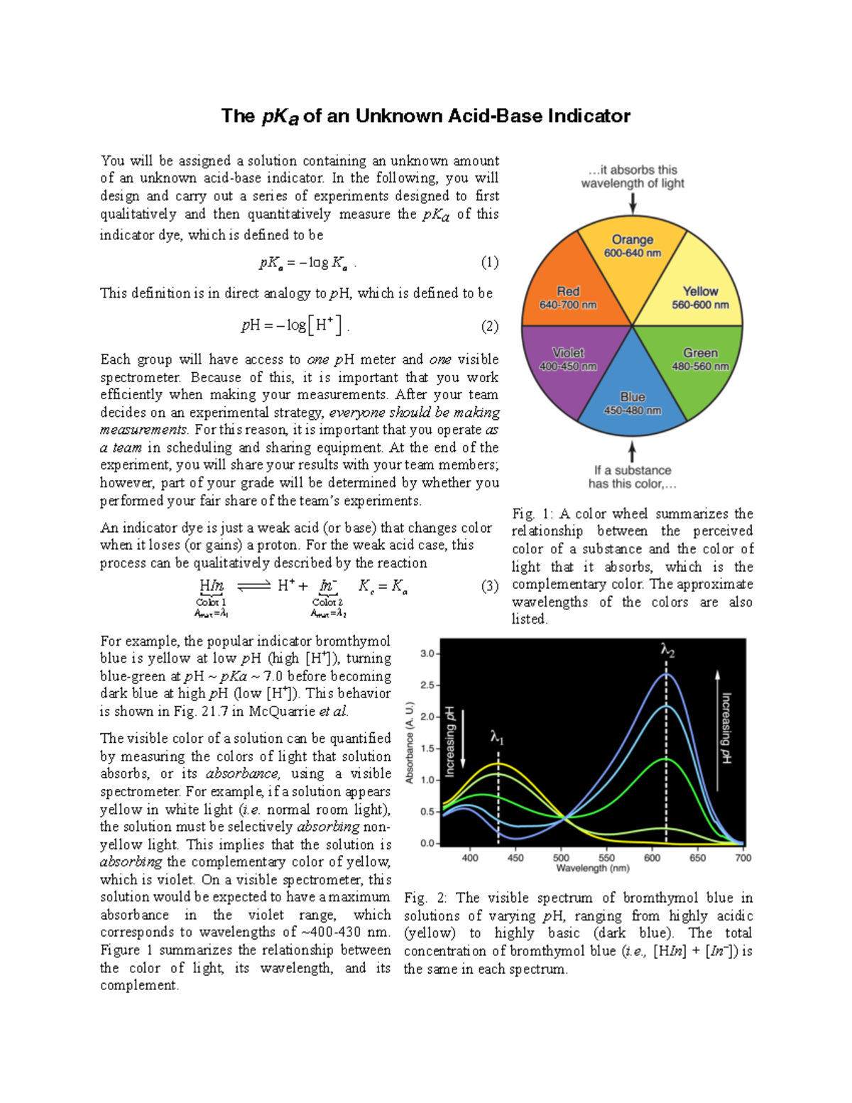 Chem 2080: pKa Measurement of Unknown Acid-Base Indicator - Lab Handout ...