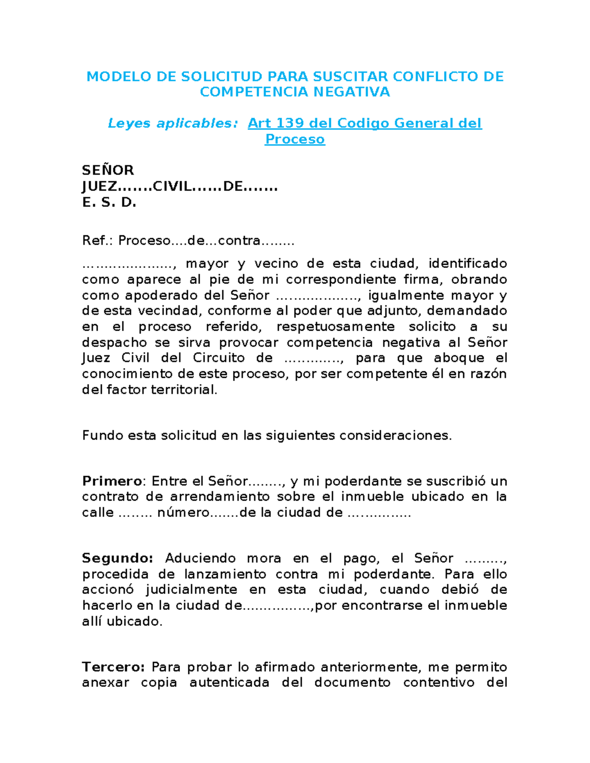 Modelo de Solicitud de Conflicto de Competencia Negativa - 0258 - Studocu