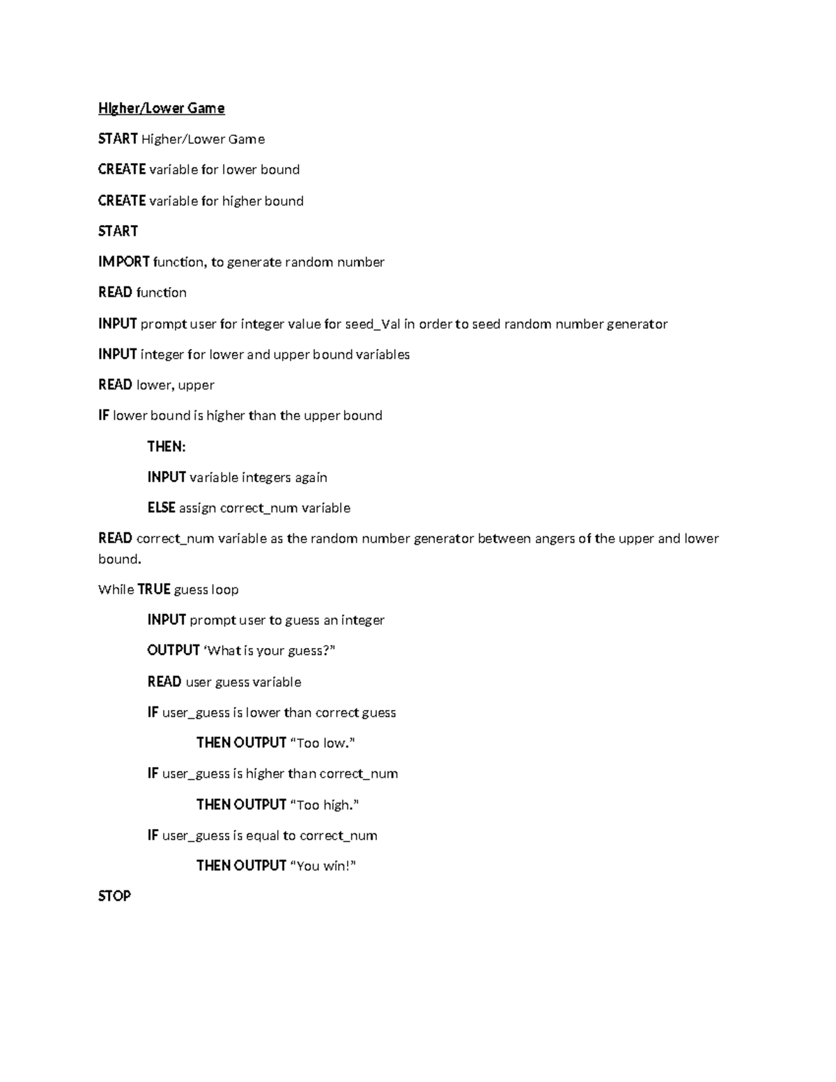4-3 Assignment Pseudocode Revisited - Higher/Lower Game START Higher/Lower Game CREATE variable ...