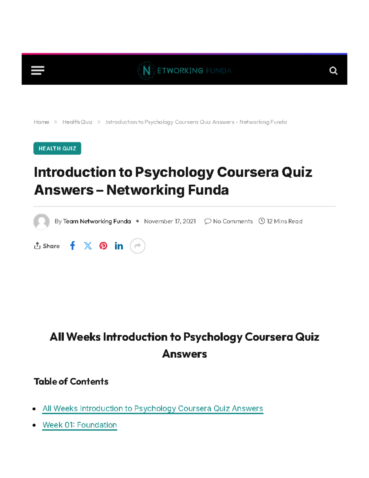 Introduction to Psychology Coursera Quiz Answers - Networking Funda - Studeersnel