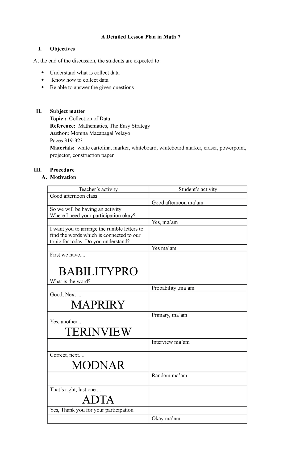 Math 7 Detailed Lesson Plan: Collection of Data Activities - Studocu