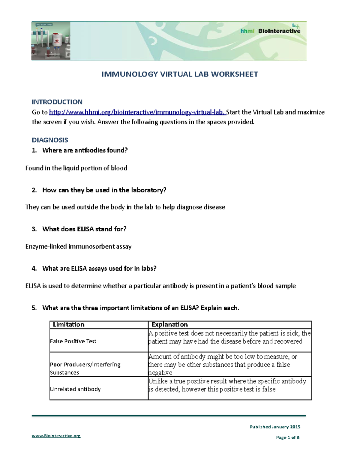 Immunology Lab Worksheet Student 1 - Virtual Lab The Immunology Virtual ...