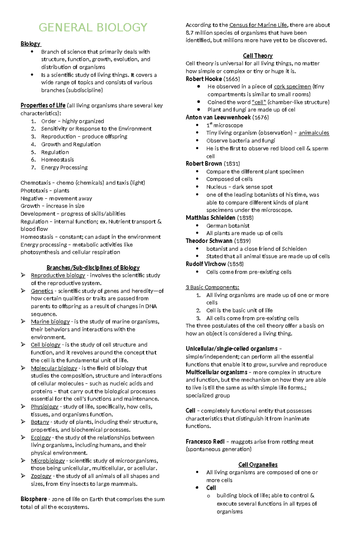 General Biology Reviewer: Key Concepts and Cell Theory Insights - Studocu