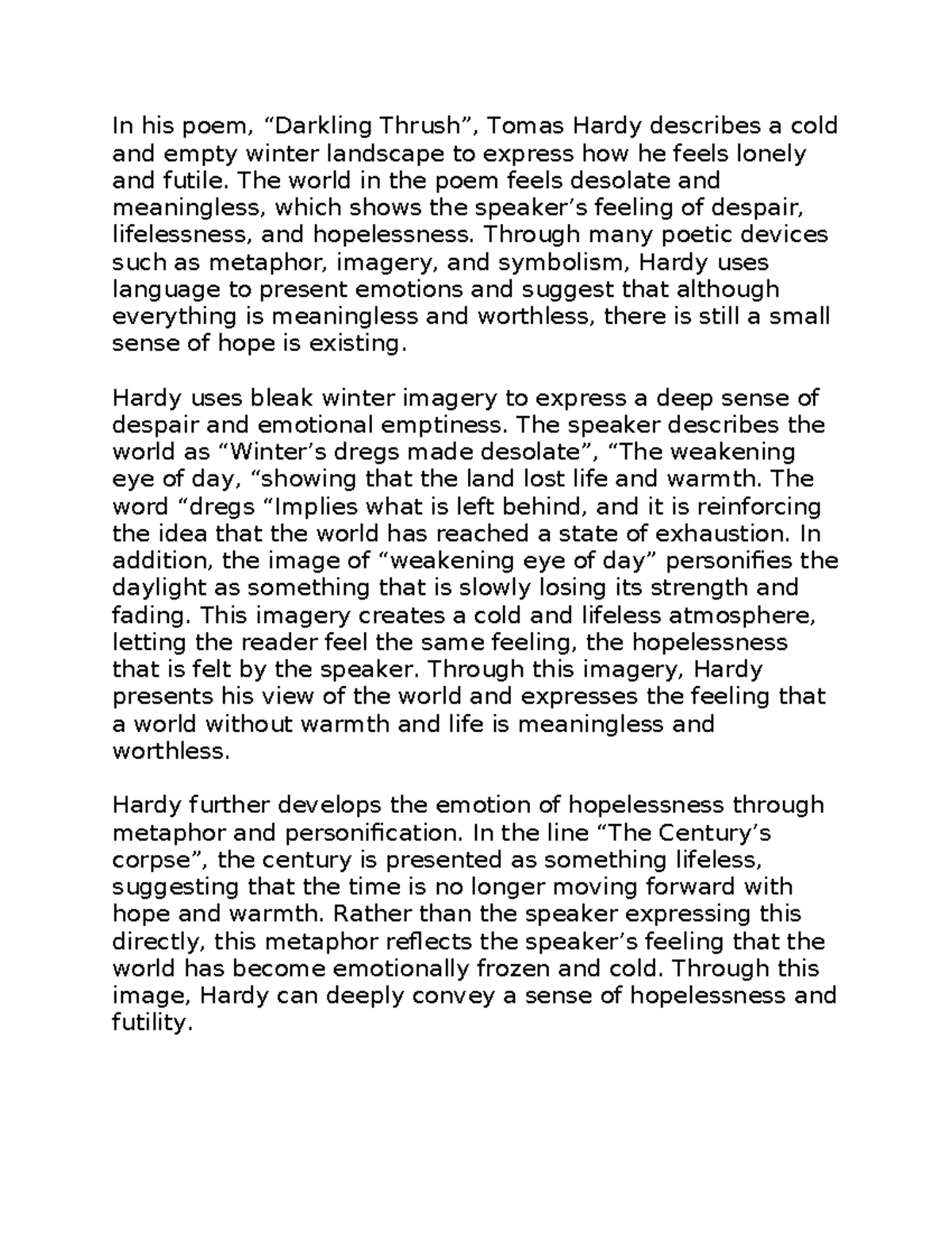 Tomas Hardy - Darkling Thrush Essay Analysis - Studocu