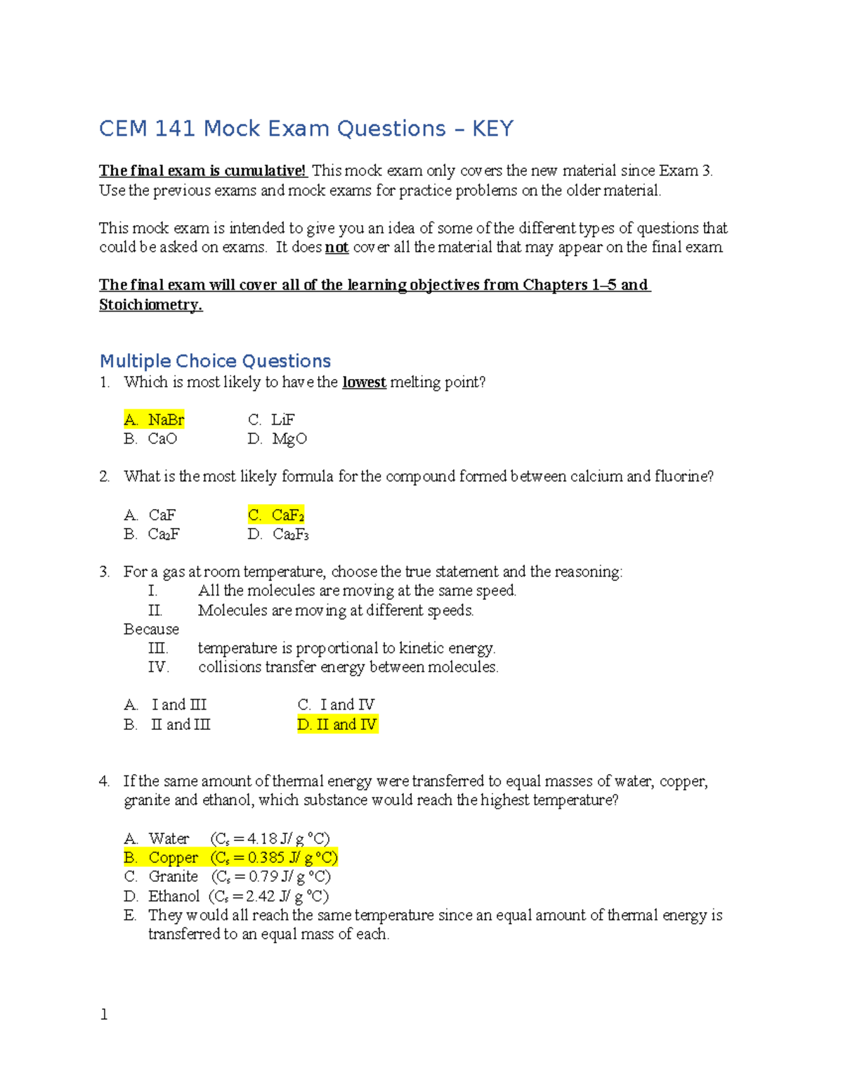 CEM 141 Mock Exam Final - Answer Key and Review Notes - Studocu