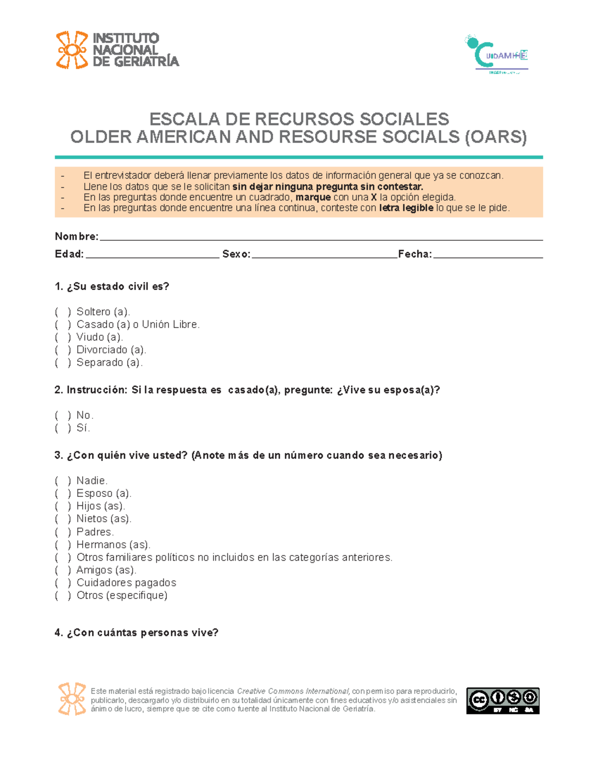 Escala de Recursos Sociales (OARS) para Evaluación de Relaciones ...