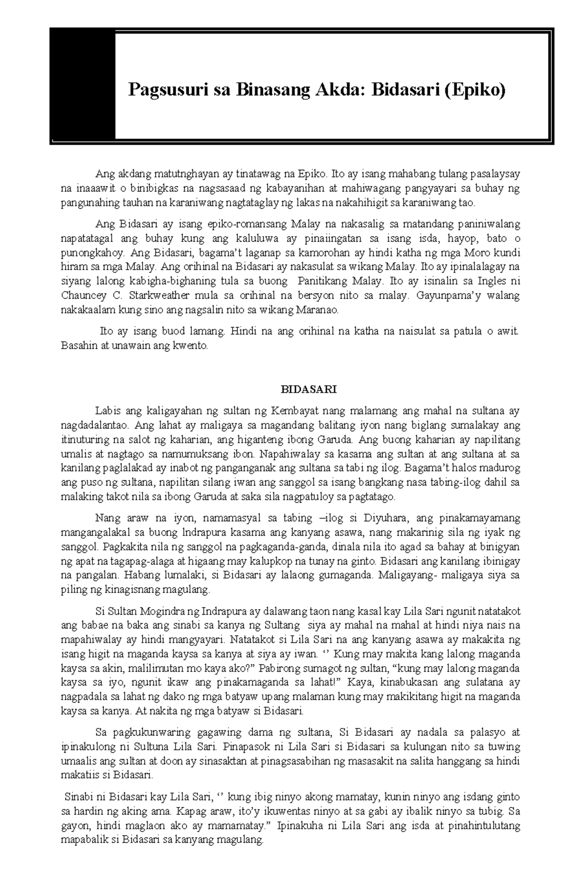 Pagsusuri sa Epiko: Bidasari (Malay Literature) - Studocu