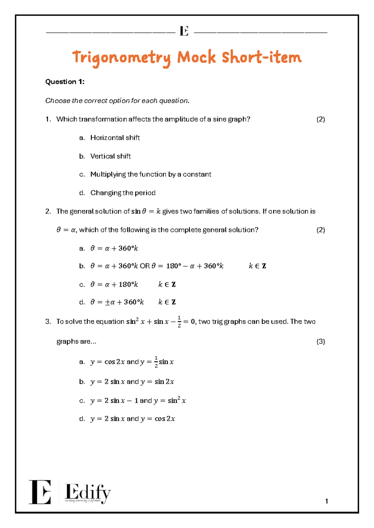Trigonometry Mock Short Item: Practice Questions and Solutions - Studocu