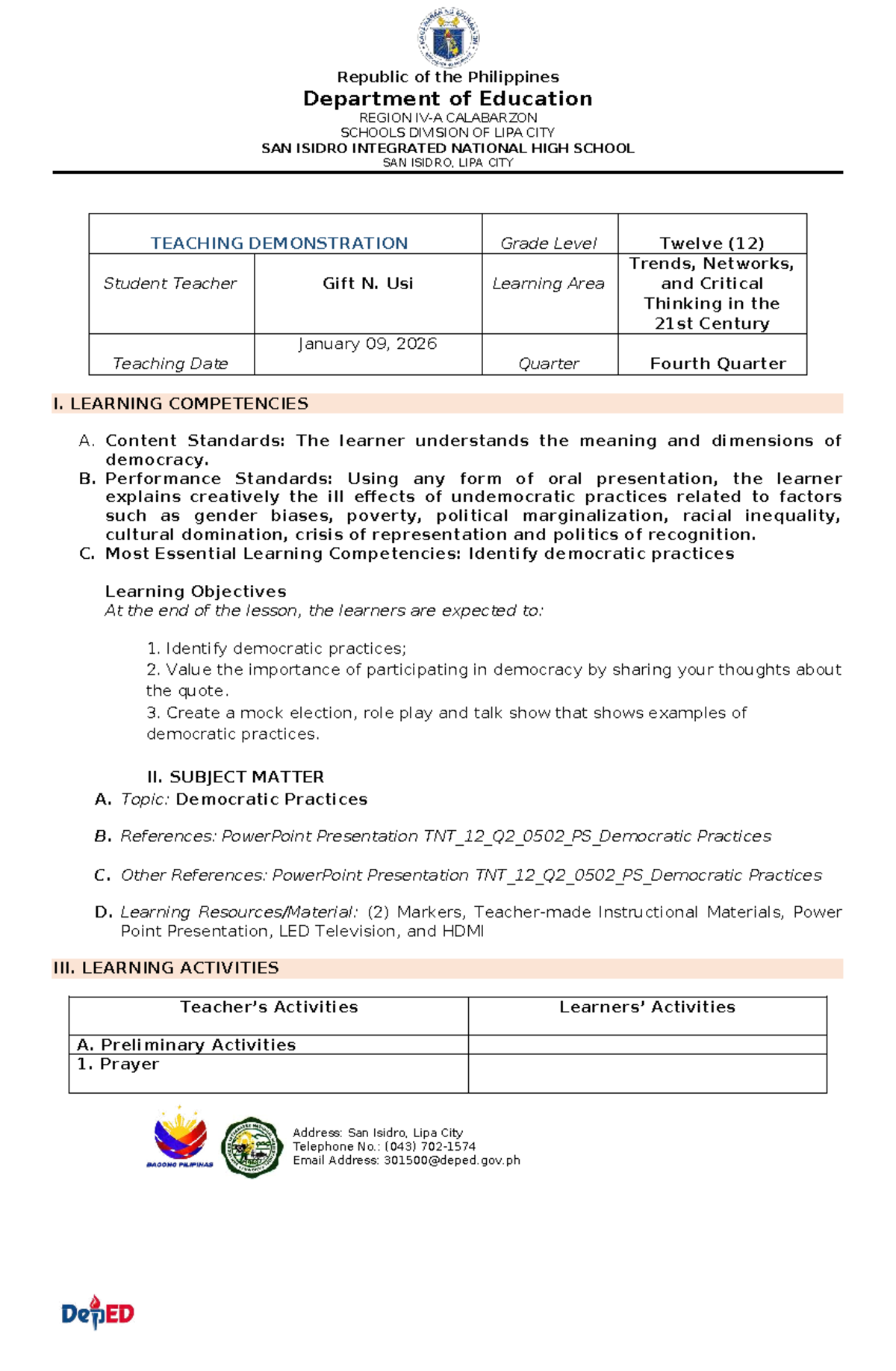 Lesson Plan: Social Studies - Democratic Practices (TNT_12_Q2) - Studocu