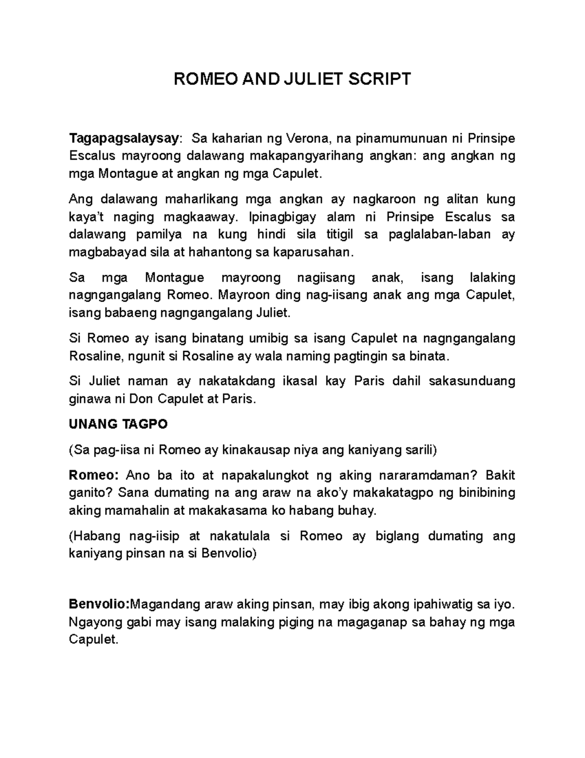 ROMEO AND JULIET SCRIPT: A Tragic Love Story in Verona - Studocu