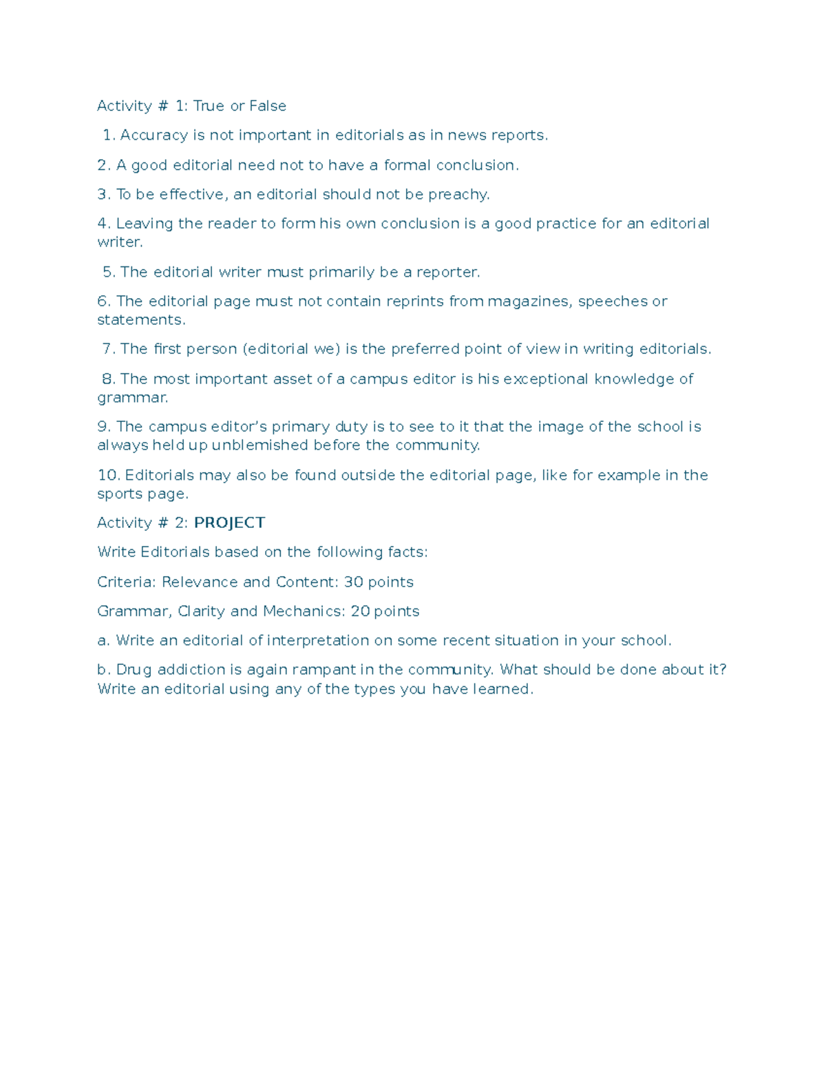 Journalism 7: Activities on Editorial Writing & Cartooning Techniques ...