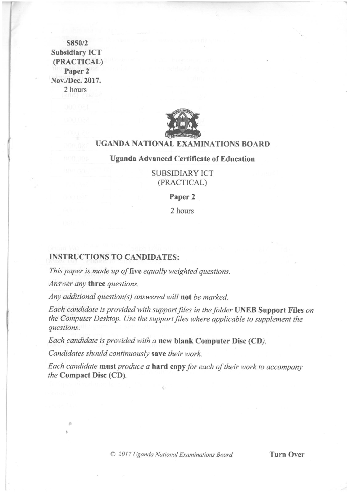 UNEB 2017 Subsidiary ICT (Practical) Paper 2 Exam Guide - Studocu