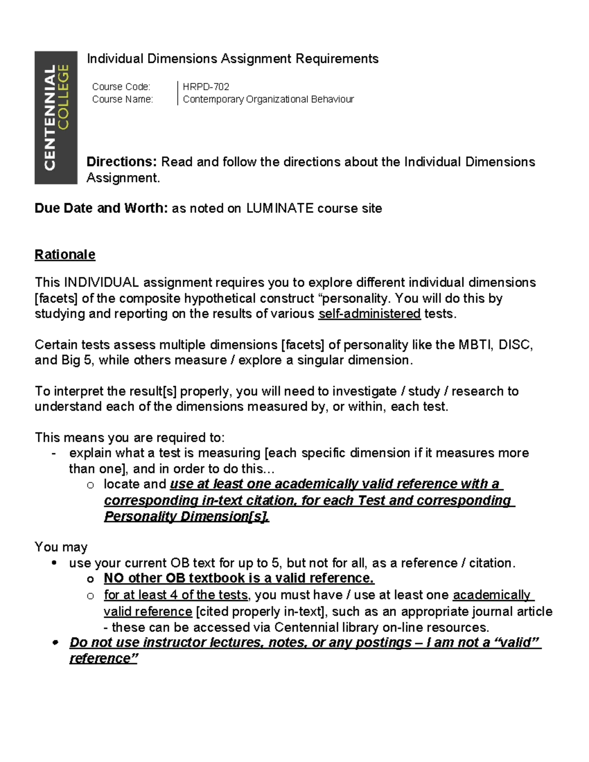 HRPD-702 Individual Dimensions Assignment Guidelines for OB - Studocu