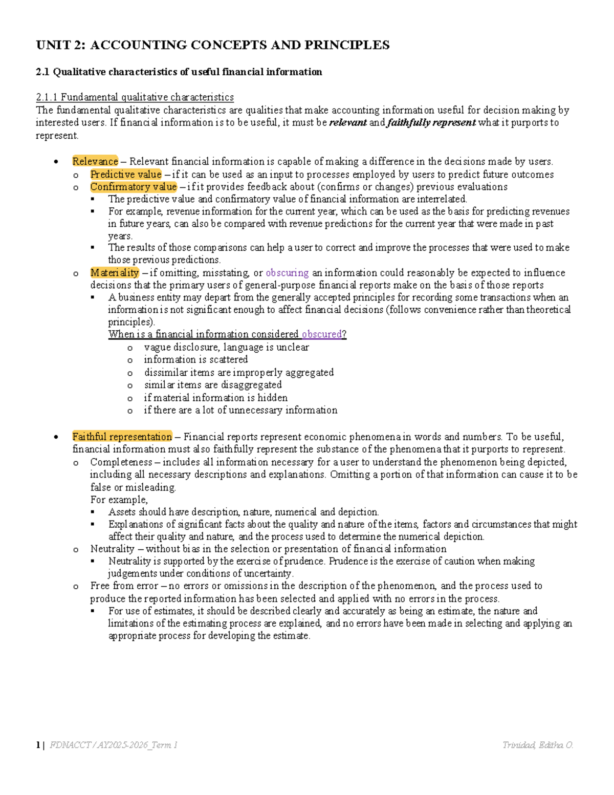 FDNACCT 1 Unit 2 Study Guide: Accounting Concepts & Principles - Studocu