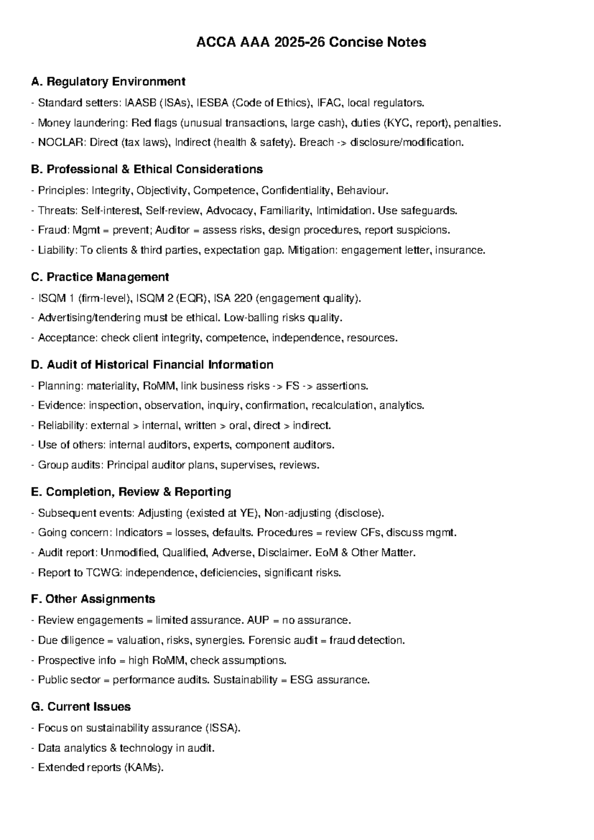 ACCA AAA Concise Notes 2025-26: Regulatory & Ethical Considerations ...