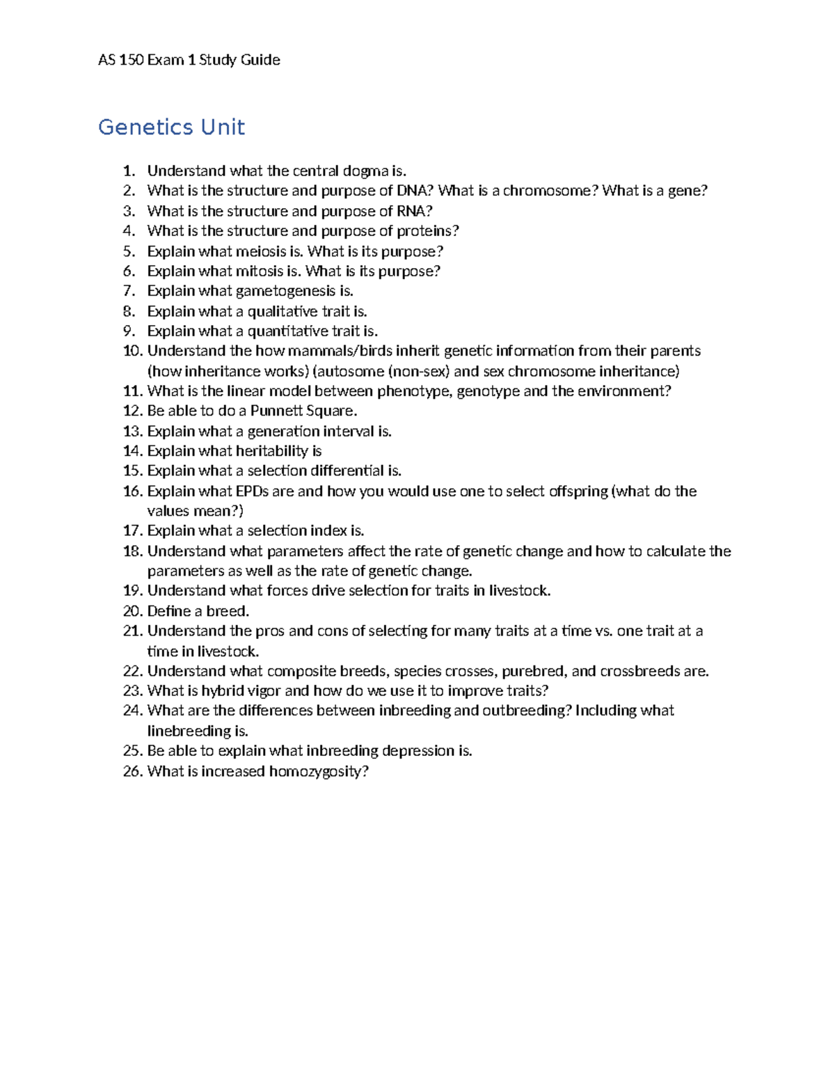 AS 150 Genetics Unit Exam 1 Comprehensive Study Guide - Studocu