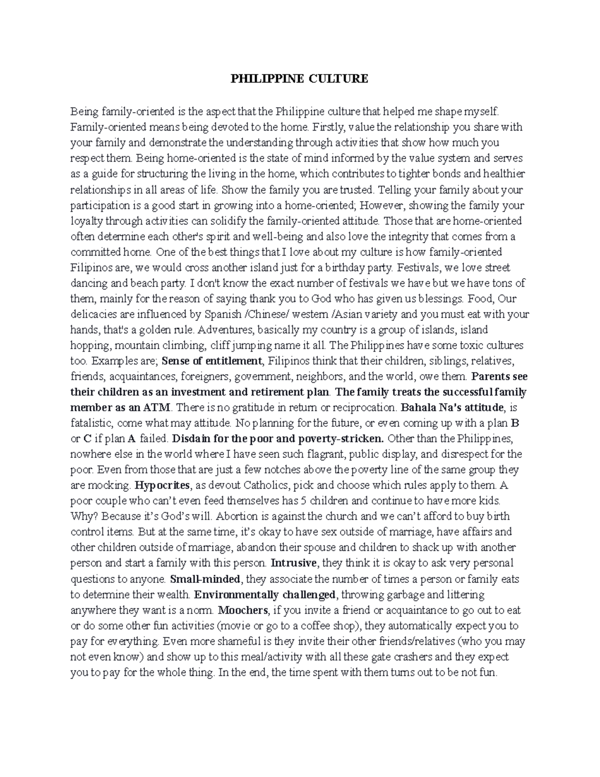 Philippine Culture Essay - PHILIPPINE CULTURE Being family-oriented is ...